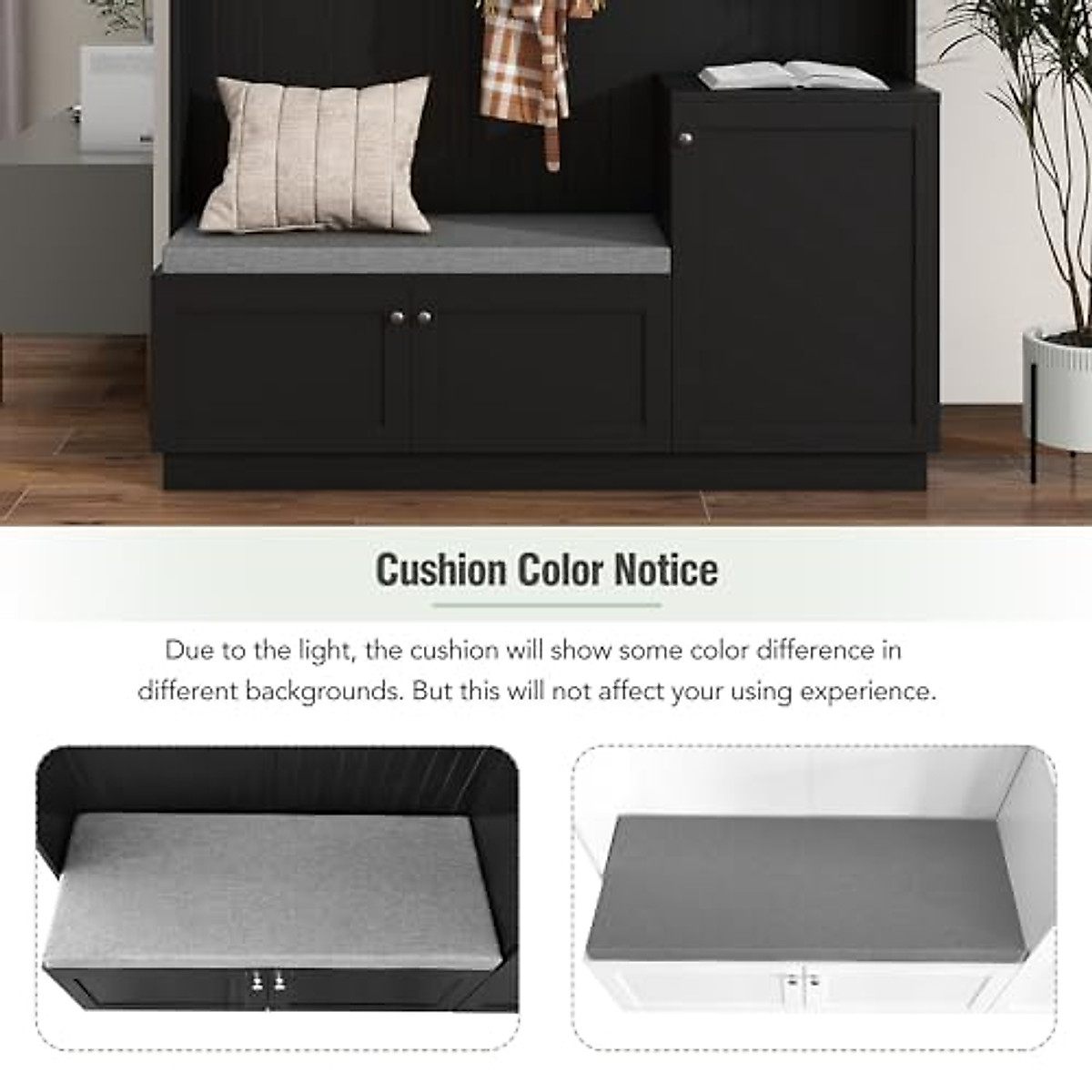 BNSPLY 59" Hall Tree with Bench and Shoe Storage, Modern Entryway Bench with Coat Rack and Cushion, Mudroom Bench with 2 Large Storage Cabinet,3 Metal Hooks and Top Shelves for Hallway (White)