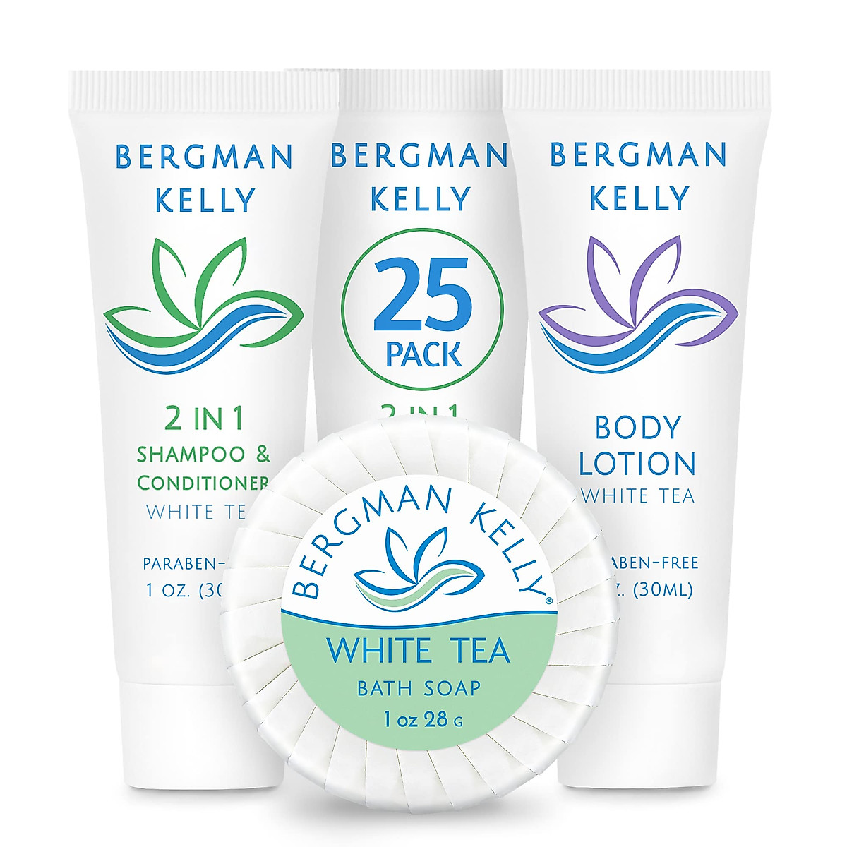 BERGMAN KELLY Round Soap Bars, 2in1 Shampoo & Conditioner, and Travel Size Lotion 3-Piece Set (White Tea, 1 oz ea, 75 pc), Revitalizing & Refreshing Sanitary Toiletries Hotel Amenities