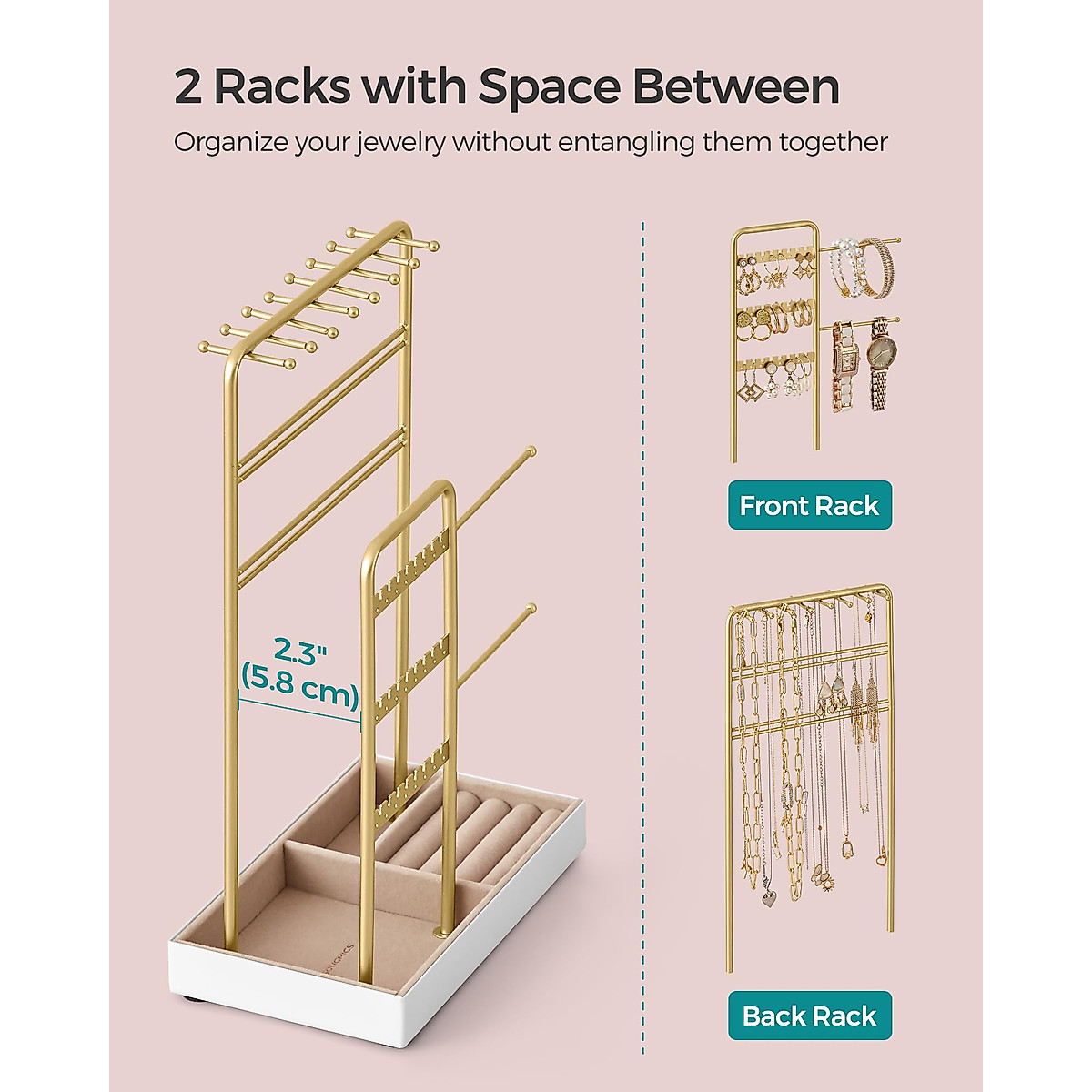 SONGMICS Jewelry Holder, Jewelry Organizer, Mother's Day Gifts, Jewelry Display Stand with Metal Frame and Velvet Tray, Necklace Earring Bracelet Holder, for Studs, Rings, Gold Color UJJS021A01