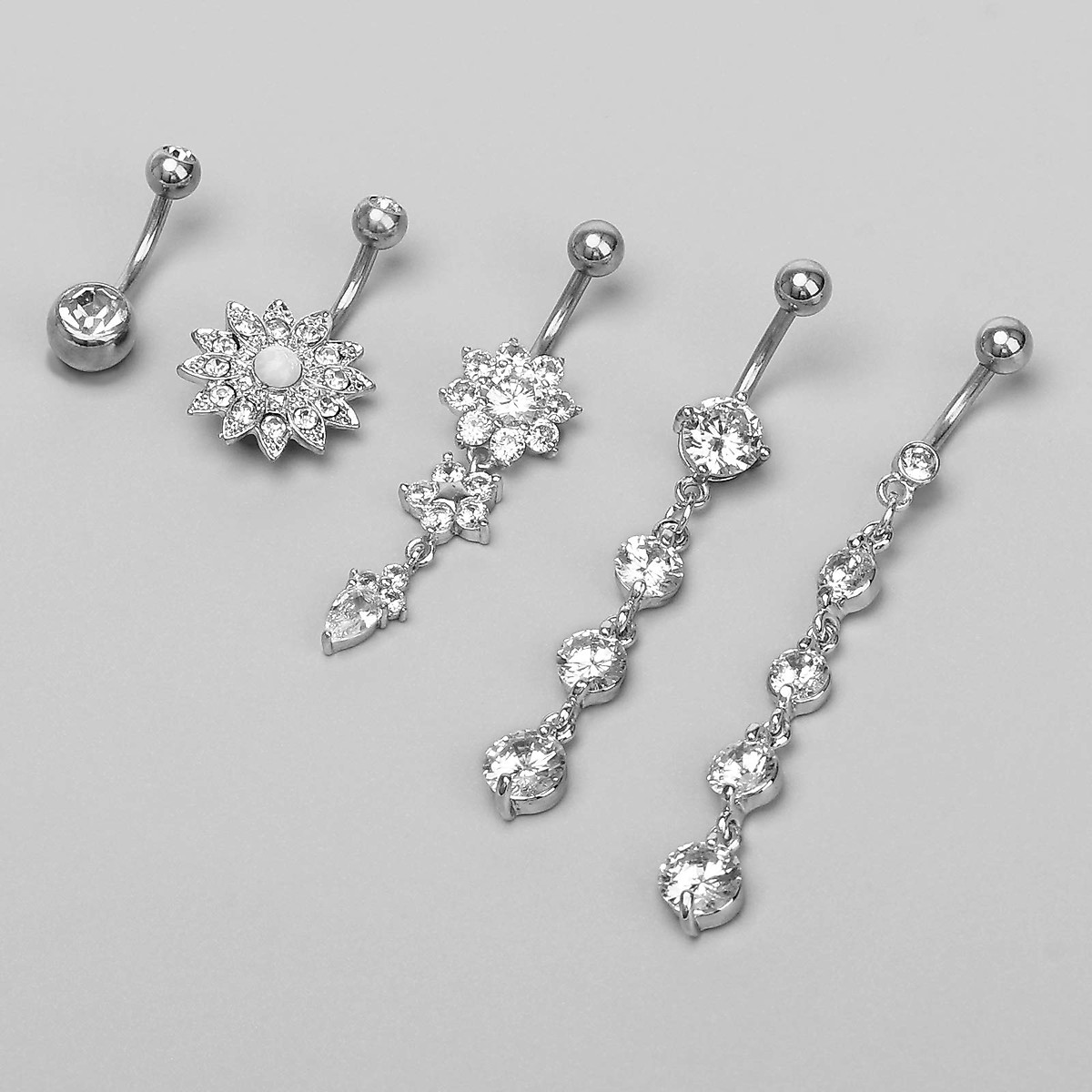 CrazyPiercing Dangle Belly Button Rings Surgical Stainless Steel for Women 5 PCS Set (Silver)