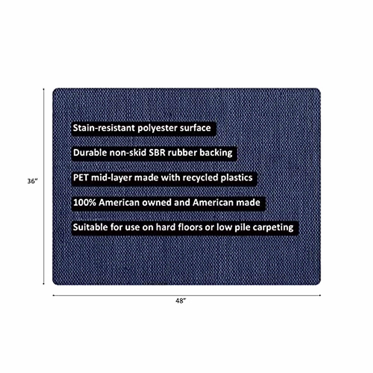 Bungalow Flooring Barbury Weave 9to5 Desk Chair Mat, 3' x 4', Made in USA, Stain-Resistant, Anti-Slip Rubber Backing, Navy