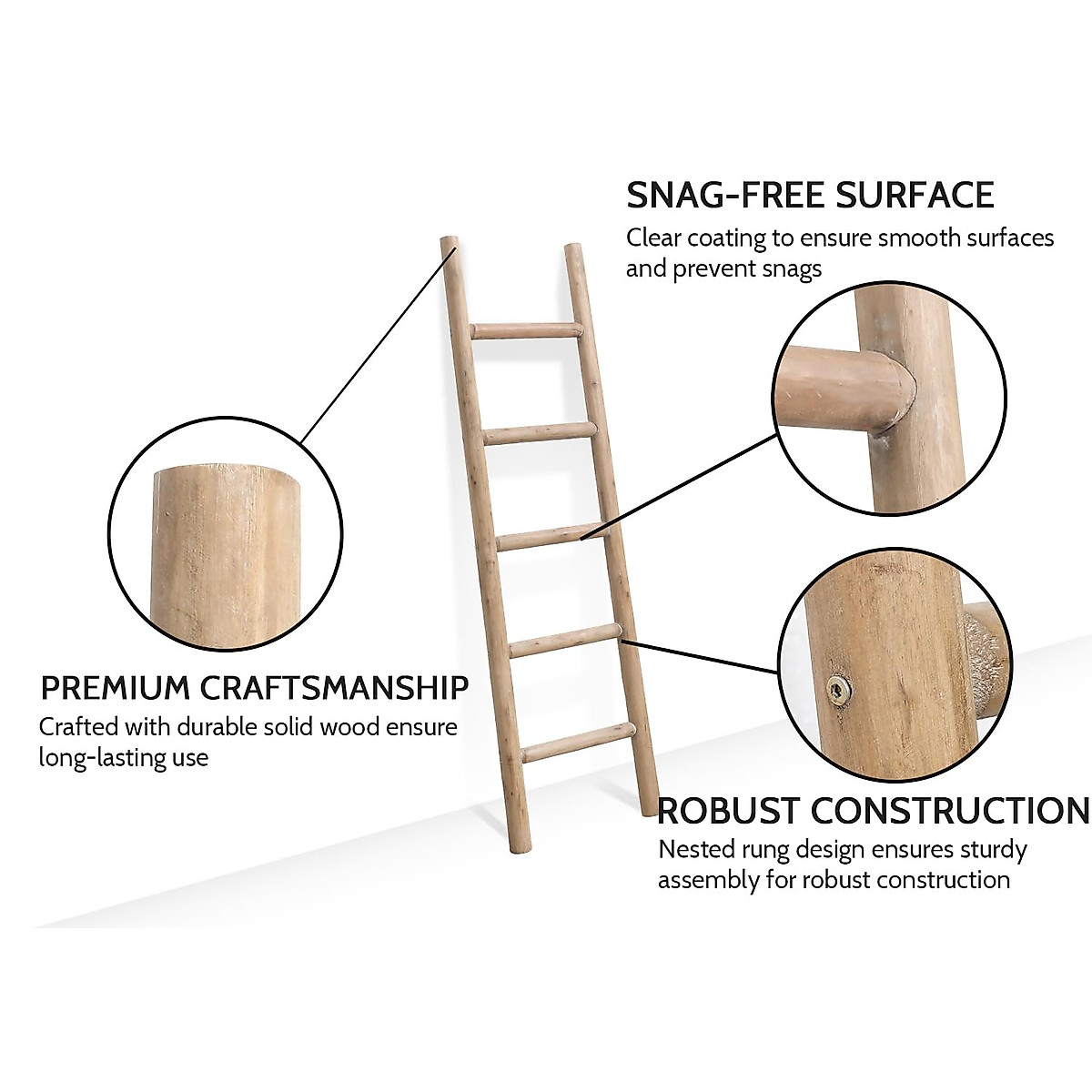 FUIN 57in Wood Blanket Ladder Living Room Decorative Wall Leaning Farmhouse Quilt Display Holder Rustic Wooden Towel Rack for Bathroom, Brown