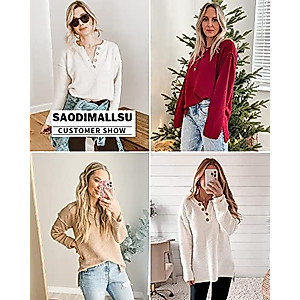 Saodimallsu Women's Oversized Sweaters Batwing Long Sleeve Loose V Neck Button Henley Tops Pullover Knit Jumper White