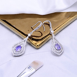 Amethyst Dangle Earrings for Women - Long Silver Teardrop Purple Crystal Cubic Zirconia CZ Chandelier Drop Earrings for Wedding Party Prom Bridal Earring for Bride Bridesmaids Birthstone Jewelry