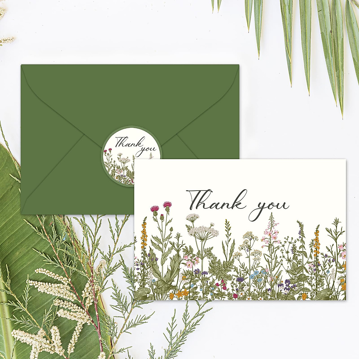 Whaline 24 Pack Vintage Wild Floral Thank You Cards Bulk Retro Botanical Green Leaves Herbs Greeting Cards with Envelope Sticker for Birthday Wedding Baby Shower Bridal Shower