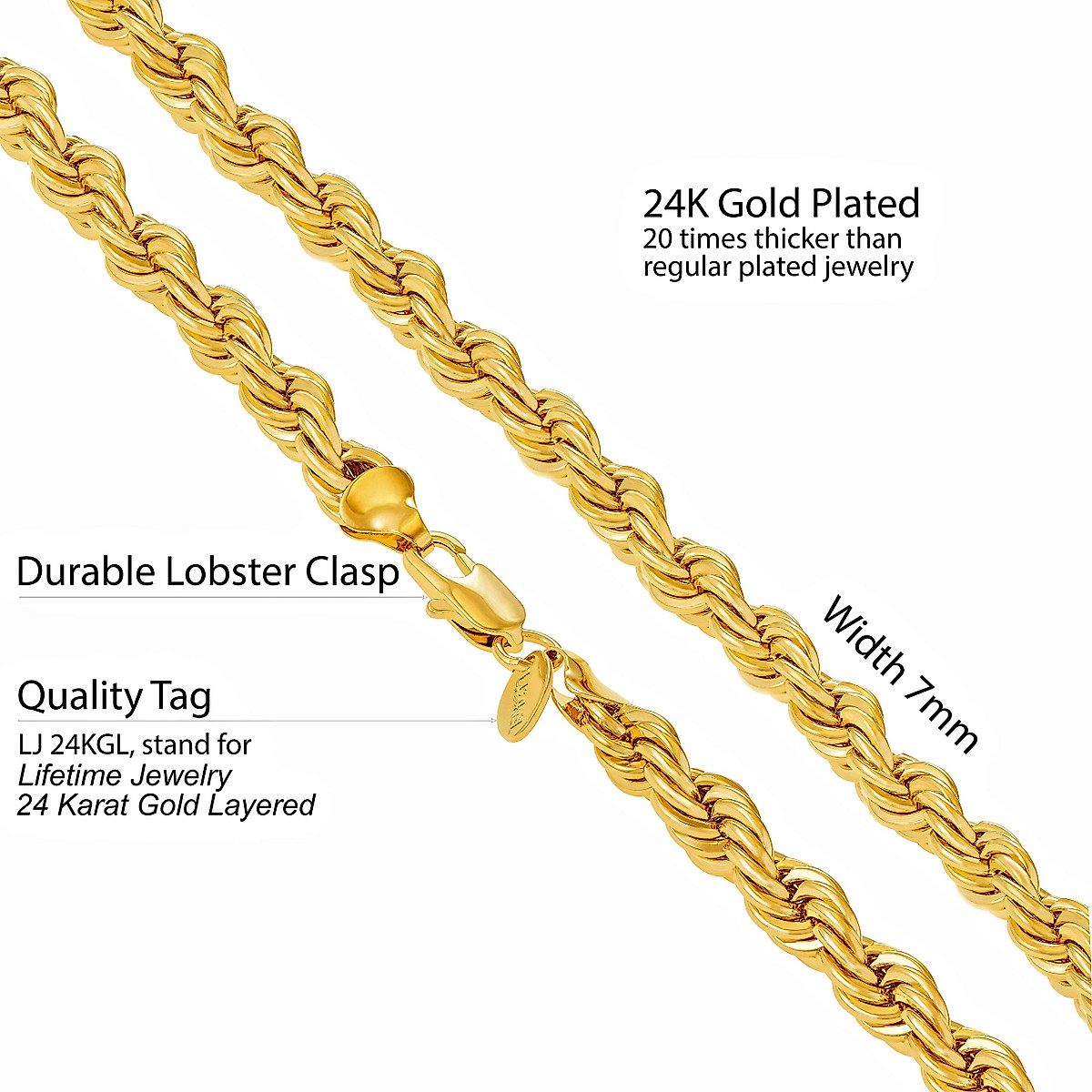 LIFETIME JEWELRY 7mm Rope Chain Necklace 24k Real Gold Plated for Men and Women (22 inches, 1 - Gold Plated, 1)