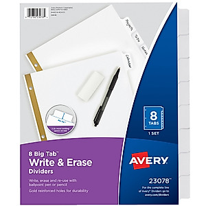 Avery 8-Tab Binder Dividers, Write & Erase White Big Tabs, 1 Set (23078)