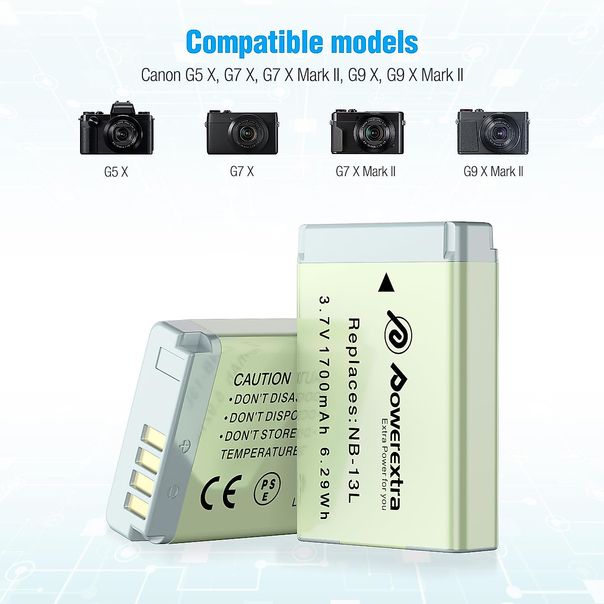 Powerextra 2 Pack NB-13L Battery and Travel Charger Compatible with Canon PowerShot G5 X G7 X G7 X Mark II G9 X G9 X Mark II SX620 HS SX720 HS SX730 HS Digital Camera