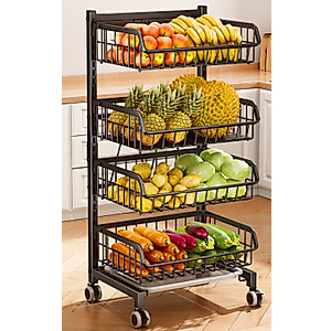 4 Tier Rolling Cart, Adjustable Metal Storage Utility Cart on Wheels for Office Kitchen Laundry Bathroom Bedroom, Black