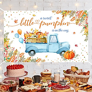MEHOFOND Little Pumpkin Baby Shower Party Decorations Backdrop Autumn Fall Baby Shower Banner A Sweet Little Pumpkin is On The Way Blue Truck Maple Leaves Baby Shower Party Decor Supplies (72x44Inch)