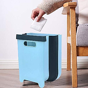Hanging Kitchen Trash Can Collapsible Garbage Bin Small Compact Garbage Can Hanging Garbage Can for Kitchen Cabinet Door Foldable Plastic Car Bathroom Waste Basket - 2.4 Gallon (Blue)