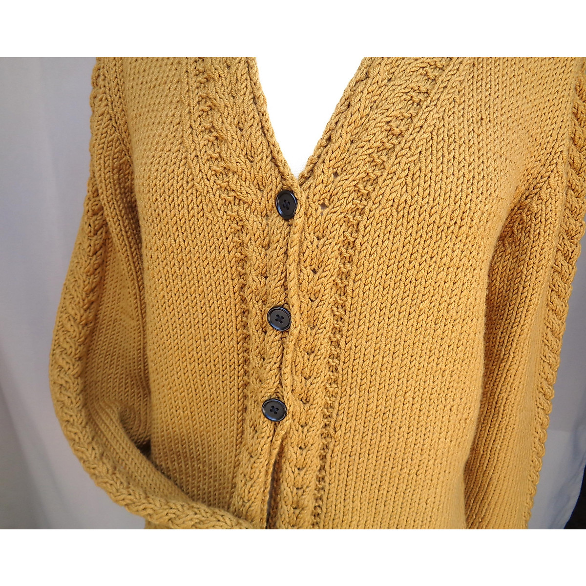 Mustard Gold Cardigan Sweater with Cable Design, Hand Knit, Merino Wool Acrylic, Womens size M L, Long Sleeves, Button Front, Basic Cardi