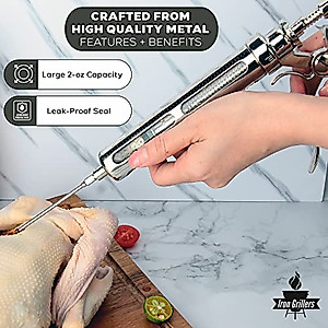 Iron Grillers Meat Injector Gun for Smoking & Grilling, Large 2 Oz Glass Syringe for Cooking BBQ, Brisket, Turkey & More - Inject Marinade or Seasoning for Tender Flavor! - Automatic Professional Kit