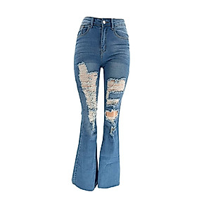 Maiyifu-GJ Bell Bottom Jeans for Women Ripped Mid Rise Raw Hem Flared Jean Slimming Skinny Stretch Wide Leg Denim Pants (Blue,Small)