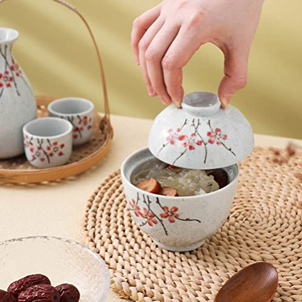 Hemoton 2 Sets Chawanmushi Cups with Lids Personal Stew Pot Ceramic Birds Nest Tonic Cup Small Steam Soup Bowl Dessert Cup for Home Kitchen Restaurant