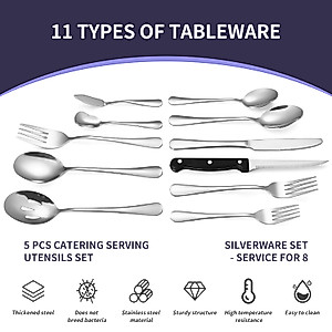 Lazycorner 53 Pcs Silverware Set with Steak Knives for 8 and 5 Pcs Serving Utensils Set, Mirror Polished Flatware Set, Stainless Steel Cutlery Set For Home Kitchen Restaurant Hotel,Dishwasher Safe