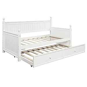 Solid Pine Wood Twin Size Daybed Frame - Used as Sofa or Bed, Ideal for Small Spaces with Trundle - Concise and Modern Appearance - with Square Posts and Wide Boards - Easy to Assemble - White