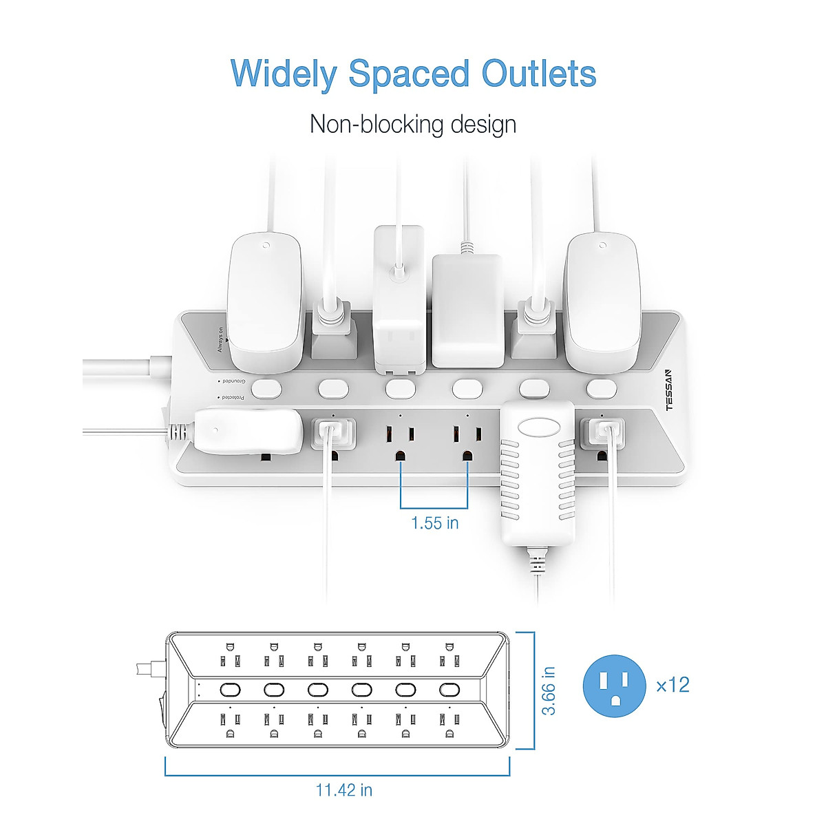 Power Strip with USB, Individual Switches, TESSAN 12 Outlets and 3 USB Ports, Long Extension Cord 6 Feet with Surge Protector for Home, Dorm and Office Accessories, 1700J Protection, Gray