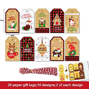 RYMILIE 20 Kraft Christmas Gift Paper Bags Bulk with handles and 20 Count Christmas Gift Tags set for Wrapping Xmas Holiday Presents(8 Small,8 Medium,4 Large)