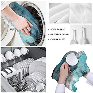 Kitchen Towels Abstract Paint Art Graffiti Lattice Tea Towel Microfiber Absorbent Washable Cyan Teal Turquoise Gray Soft Hand Dish Towel Cleaning Cloth for Kitchen Bathroom，18 x 28 Inch