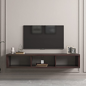 DHHU 60" Shallow, Modern Wall Mounted Floating TV Stand with 3 Open Compartments, Wooden Entertainment Center Media Console Storage Shelf, Holds up to 120 lbs, Walnut