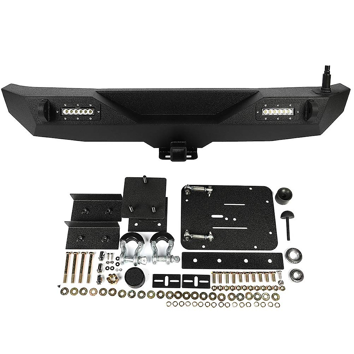 cciyu Texture Black Rear Bumper with and Tire Carrier and LED Lights, 2" hitch receiver Compatible for Jeep Wrangler JK 2007-2018