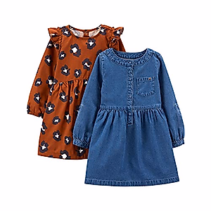 Simple Joys by Carter's Girls' 2-Pack Long-Sleeve Dress Set, Chambray/Cheetah, 5T