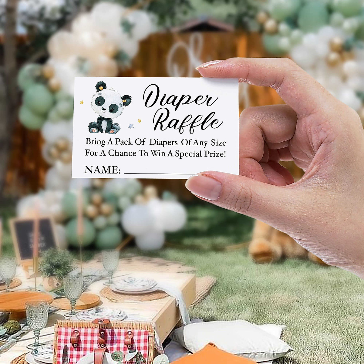 skuhyyg Diaper Raffle Tickets, Diaper Raffle Sign, Baby Shower Game Kit, Panda Bunting Raffle Insert Ticket，Watercolor Panda Balloon Baby Shower Decorations (1 Sign+50 Cards)