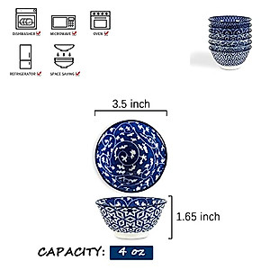 Selamica Ceramic 3.5 inch Dessert Bowls Set, 4 oz Cute Small Bowls Dipping Bowls for Ice Cream Snack Side Dishes Condiment, Microwave Oven Dishwasher Safe, Set of 6, Vintage Blue