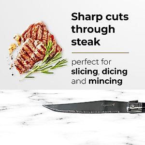 JS Gourmet Steak Knives Set of 4, Forged Stainless Steel, Serrated Steak Knife, Laguiole French Style with Crafted Black Handle, for Meats, Fish, Bread and Cheeses