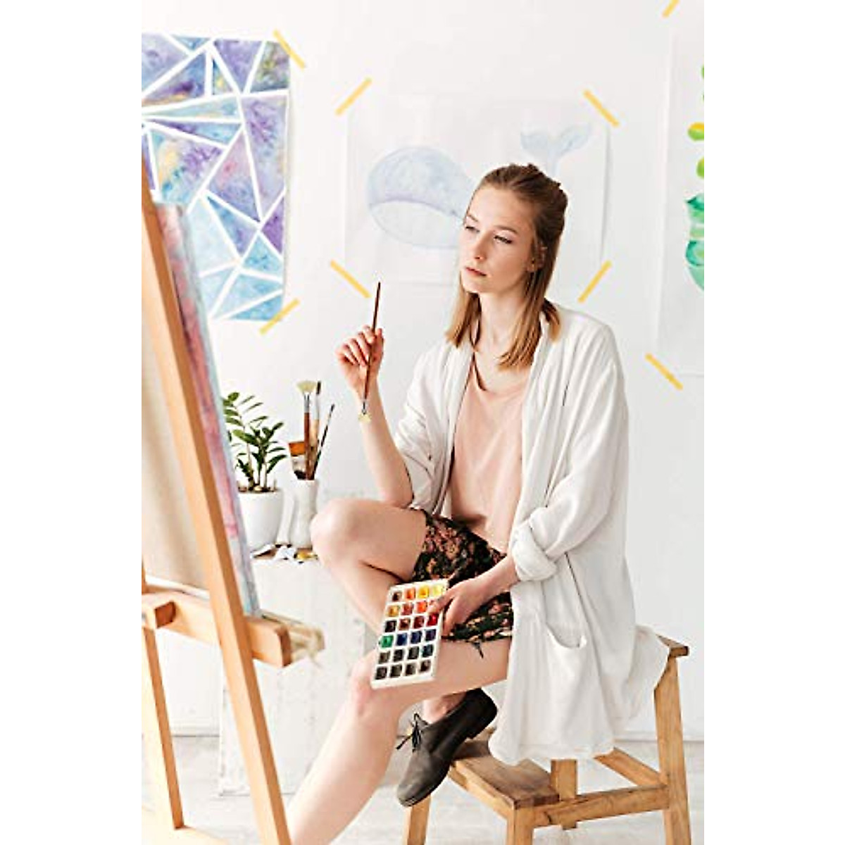 DUGATO Artist Fan Paint Brush Set of 7, White Hog Bristle Natural Hair Anti-Shedding Brush Tips, Long Wooden Handle for Comfortable Holding, Great for Acrylic Watercolor Oil Painting