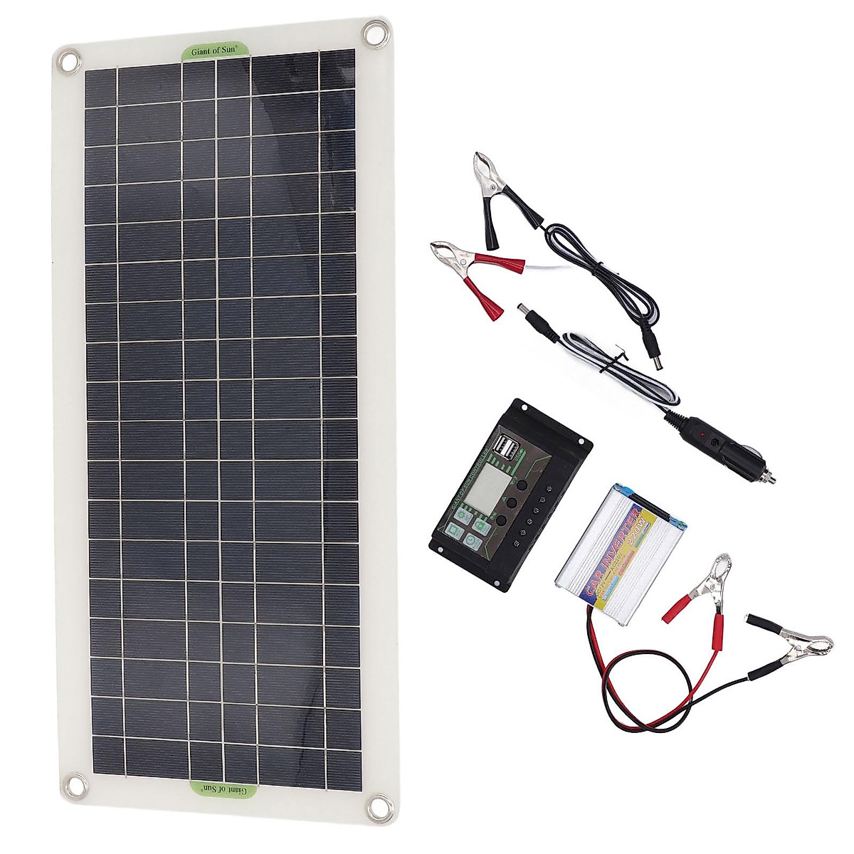 Solar Panel, 12V 30W Portable Solar Panel Kit with 220W Inverter Controller Polysilicon High Efficiency 2 USB Port for RV Boat Car