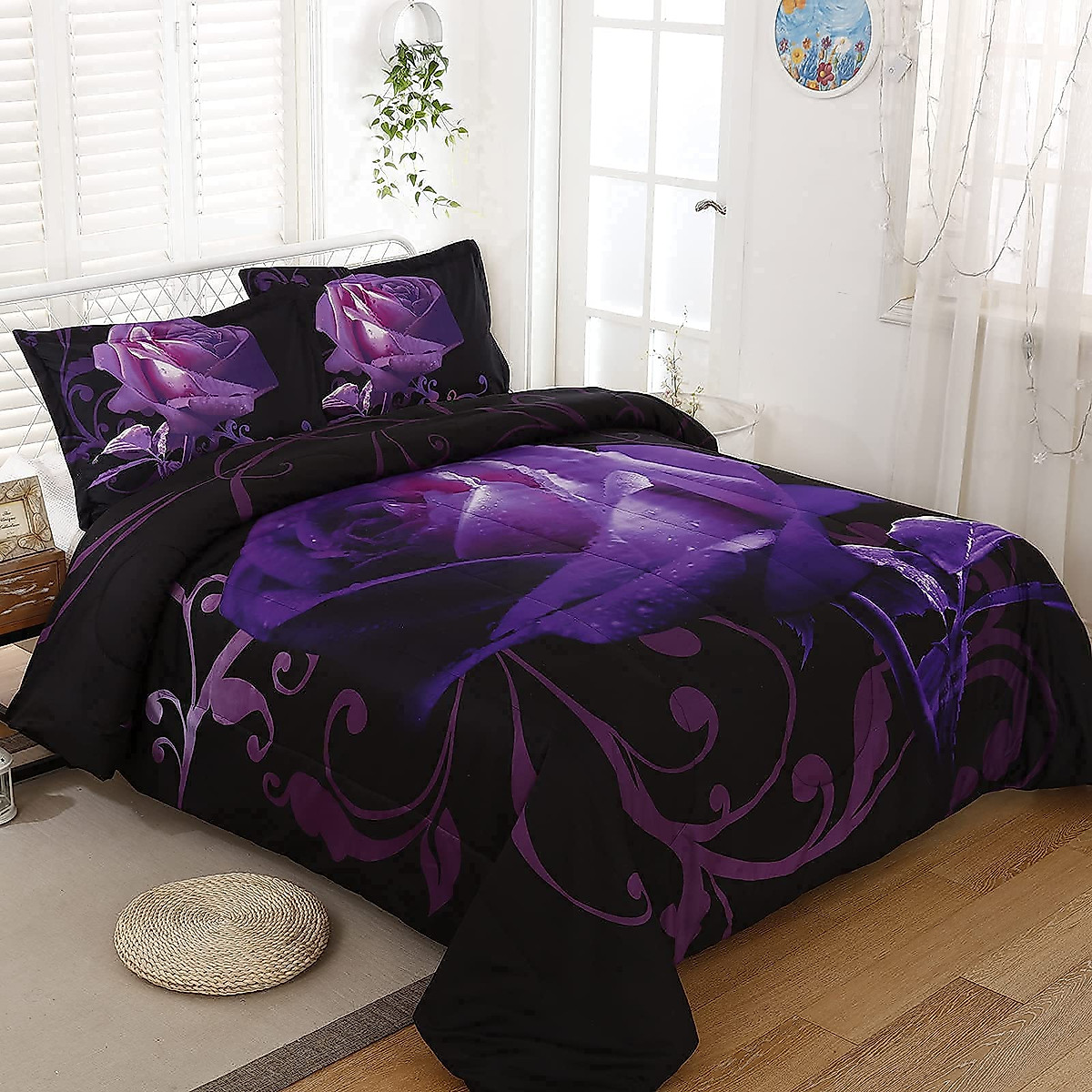 Purple Rose Comfortter Set Queen and Sheet Set for Queen Bed, 3 Piece Fluffy Down Alternative Duvet Set Matching with 4 Piece Bedding Sheet Set. All Season Bedding Set Queen