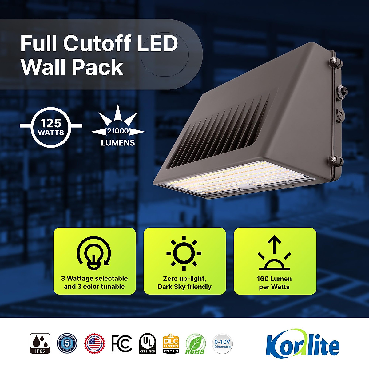 Konlite - 125W/105W/76W Full-Cutoff LED Wall Pack, Wall LED Lights, Wattage & CCT (50K/40K/30K) Selectable, LED Wall Light, Energy Efficient, Durable, Outdoor Commercial Wall Pack Light, 20,812LM