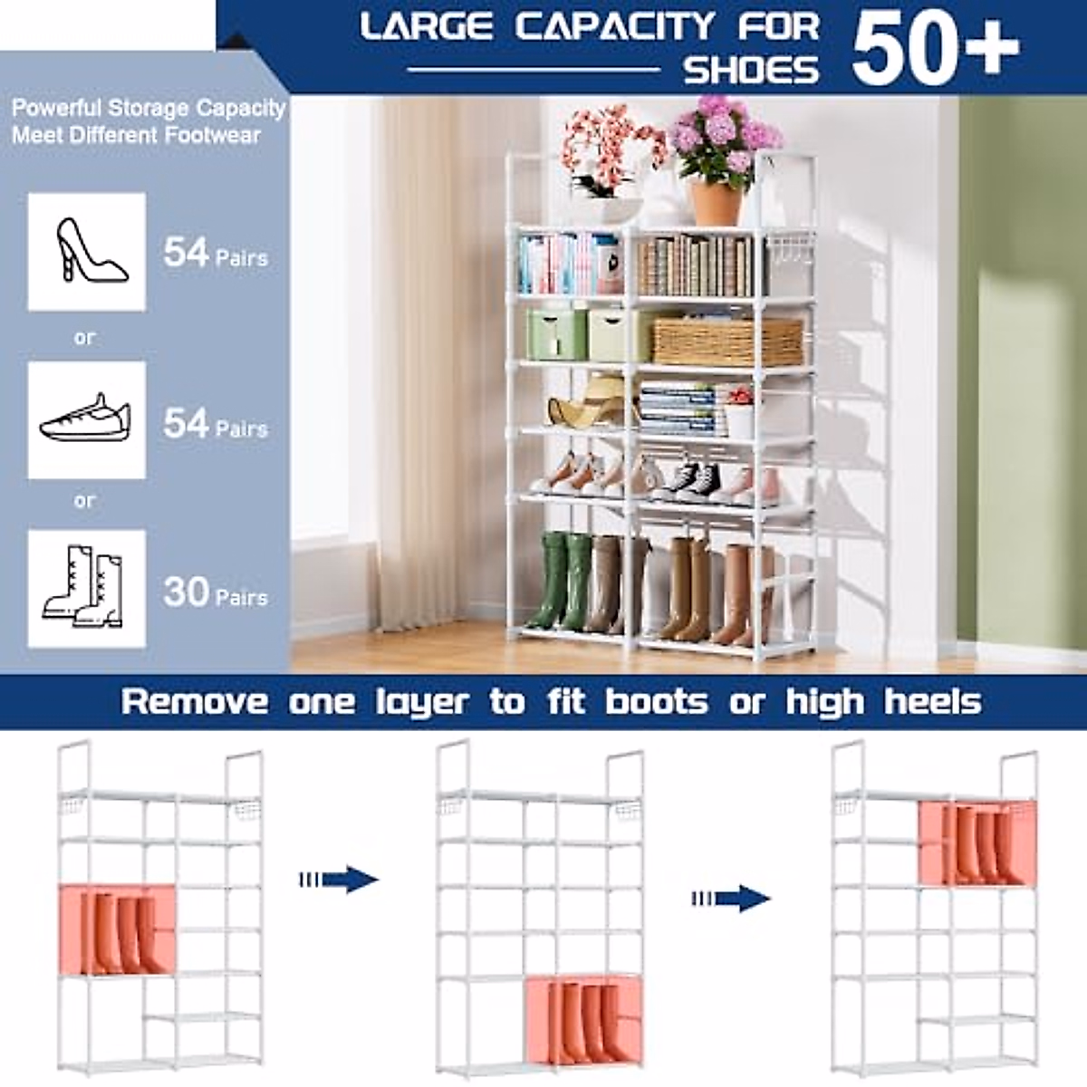 Mavivegue Metal Shoe Rack Organizer, 7 Tiers Tall Shoe Shelf Storage, Vertical Large Boot Rack, Stackable Shoe Racks for Entryway, Closet, Garage, Bedroom, Cloakroom -White