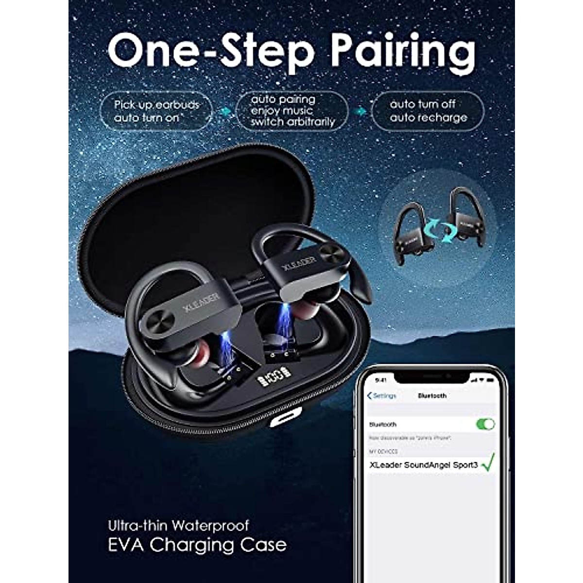 XLEADER Sports Wireless Earbuds Sport3 Pro Bluetooth in-Ear Headphones with LED Display Charging Case 48H Playtime IPX7 Waterproof Deep Bass Mic for Running Workout Gym