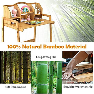 UNICOO - Bamboo Height Adjustable Kids Desk and Chair Set, Children Desk, Kids Study Table and Chair Set (Nature 01)