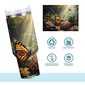 Slewiaeky Tumbler with Handle 40 oz Tropical Butterfly Insect Travel Mug with Lid and Straw Pineapple Stainless Steel Vacuum Insulated Water Bottle Cup for Iced Tea Coffee Cold Beverages Cup Holder F