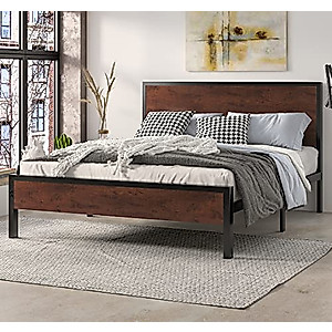 SHA CERLIN Queen Bed Frame with Headboard, Heavy Duty Platform Bed with Under-Bed Storage, Solid Wood Slats & Metal Construction, No Box Spring Needed, Easy Assembly, Saddle Brown