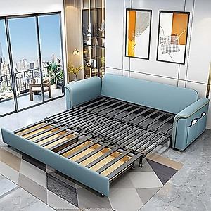 LAKIQ Contemporary Blue Sofa Bed with Storage Faux Leather, Metal, Sponge Seat Fill Loveseat Couch (94.5" L x 31.5" W x 33" H)