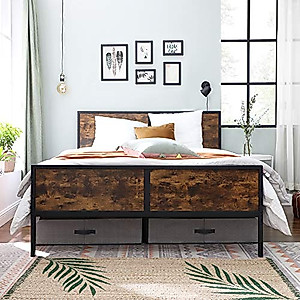 VASAGLE Queen Size Metal Bed Frame with Headboard, Footboard, No Box Spring Needed, Platform Bed, Under-Bed Storage, Industrial Style, Rustic Brown and Black URMB001B01