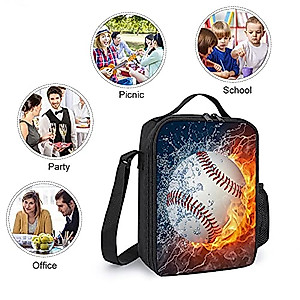 Insulated Lunch Box for Girls Boys, Leakproof Portable Lunch Bags with Adjustable Shoulder Strap and Side Pocket, Durable Reusable Cooler Tote Bag for Beach/Picnic/Office/Collega (Fire Baseball)