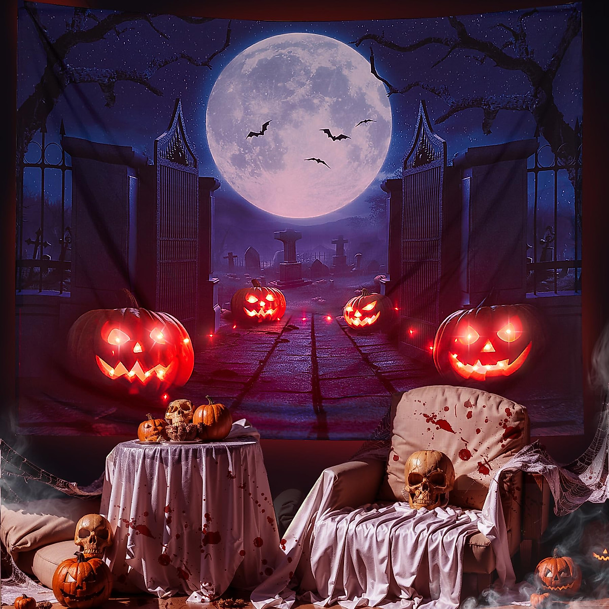 Light Up Halloween Backdrop Halloween Photo Cemetery Backdrops Scary Party Decorations Supplies for Photography Horror Photo Booth Props Background 6.5ft x 5ft