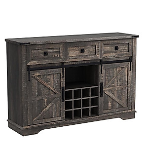 OKD Farmhouse Wine Bar Cabinet w/Sliding Barn Door, 54" Kitchen Coffee Bar Cabinet w/Wine & Glass Rack, Storage Shelves, 3 Drawers, Rustic Large Buffet Sideboard for Dining Room, Dark Rustic Oak