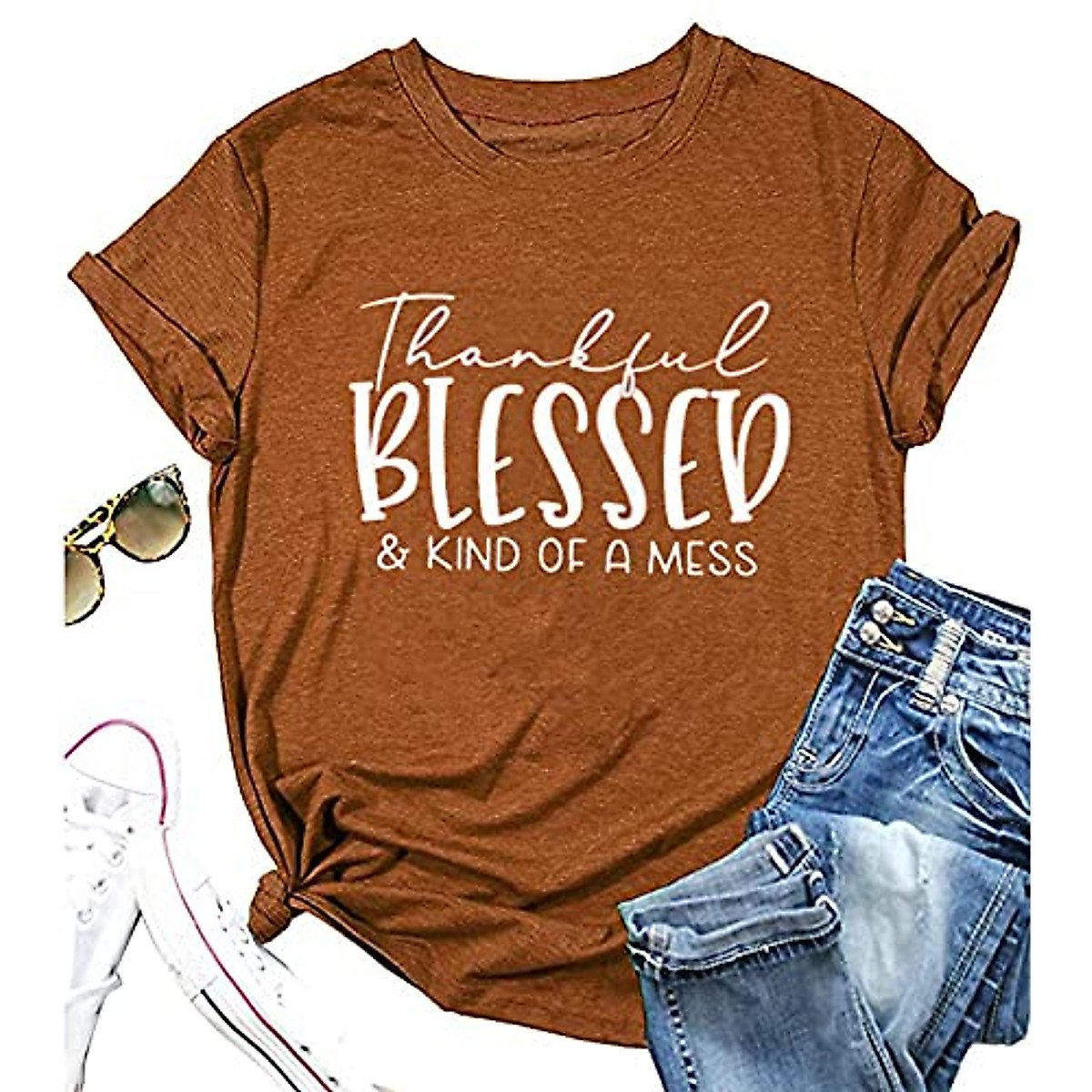 Thankful Blessed and Kind of A Mess T Shirt for Women Thanksgiving Shirts Short Sleeve Fall Tops Tees (Orange, XX-Large)