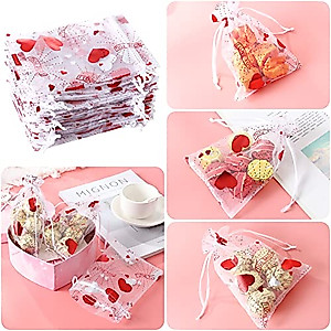 ENNIYU 100PCS Heart Organza Bags, 4x6 Wedding Favor Bags with Drawstring, Premium Mesh Jewelry Gift Bags for Valentines Candy Bags