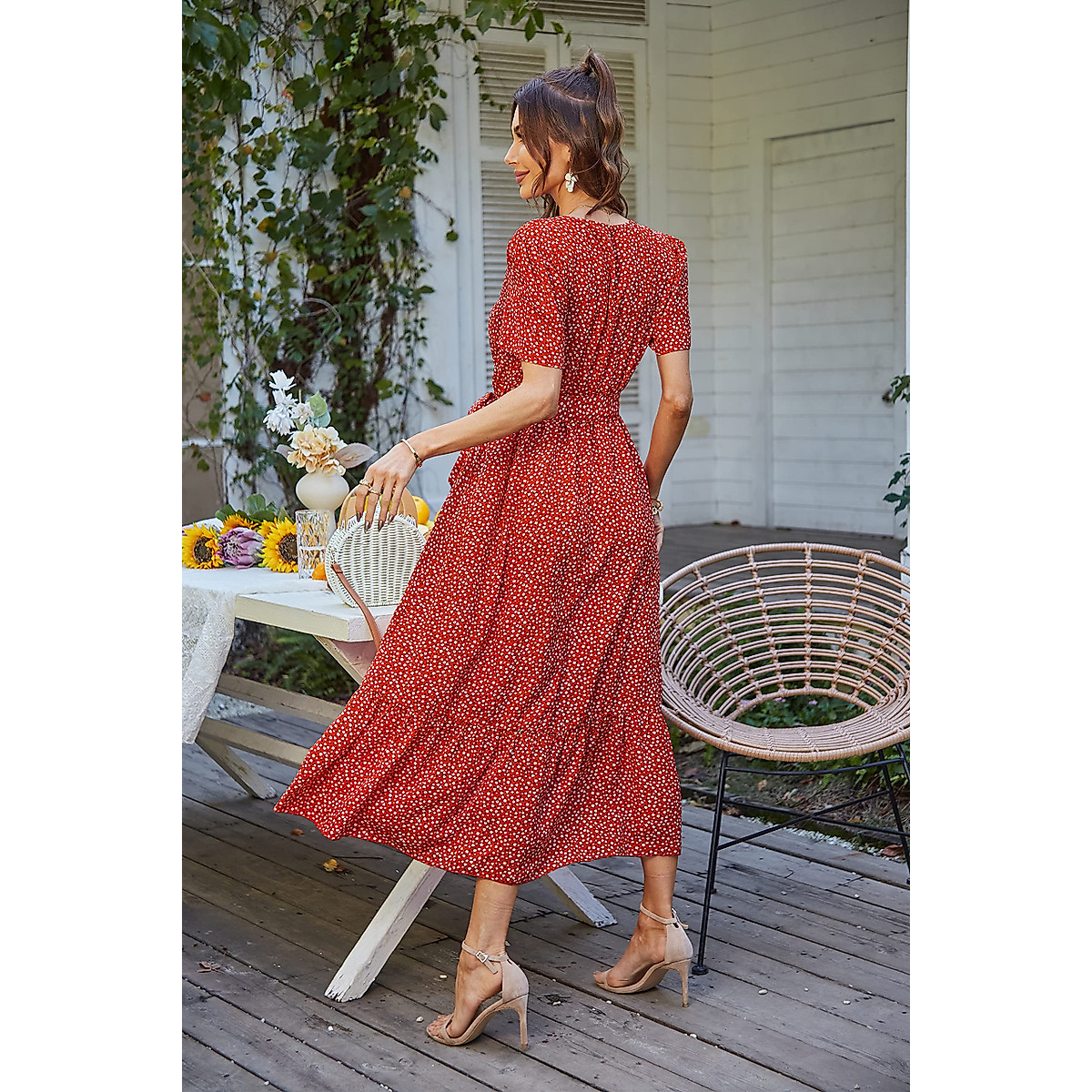 PRETTYGARDEN Women's 2024 Floral Boho Dress Wrap V Neck Short Sleeve Belted Ruffle Hem A-Line Flowy Maxi Dresses (Red Floral,Large)