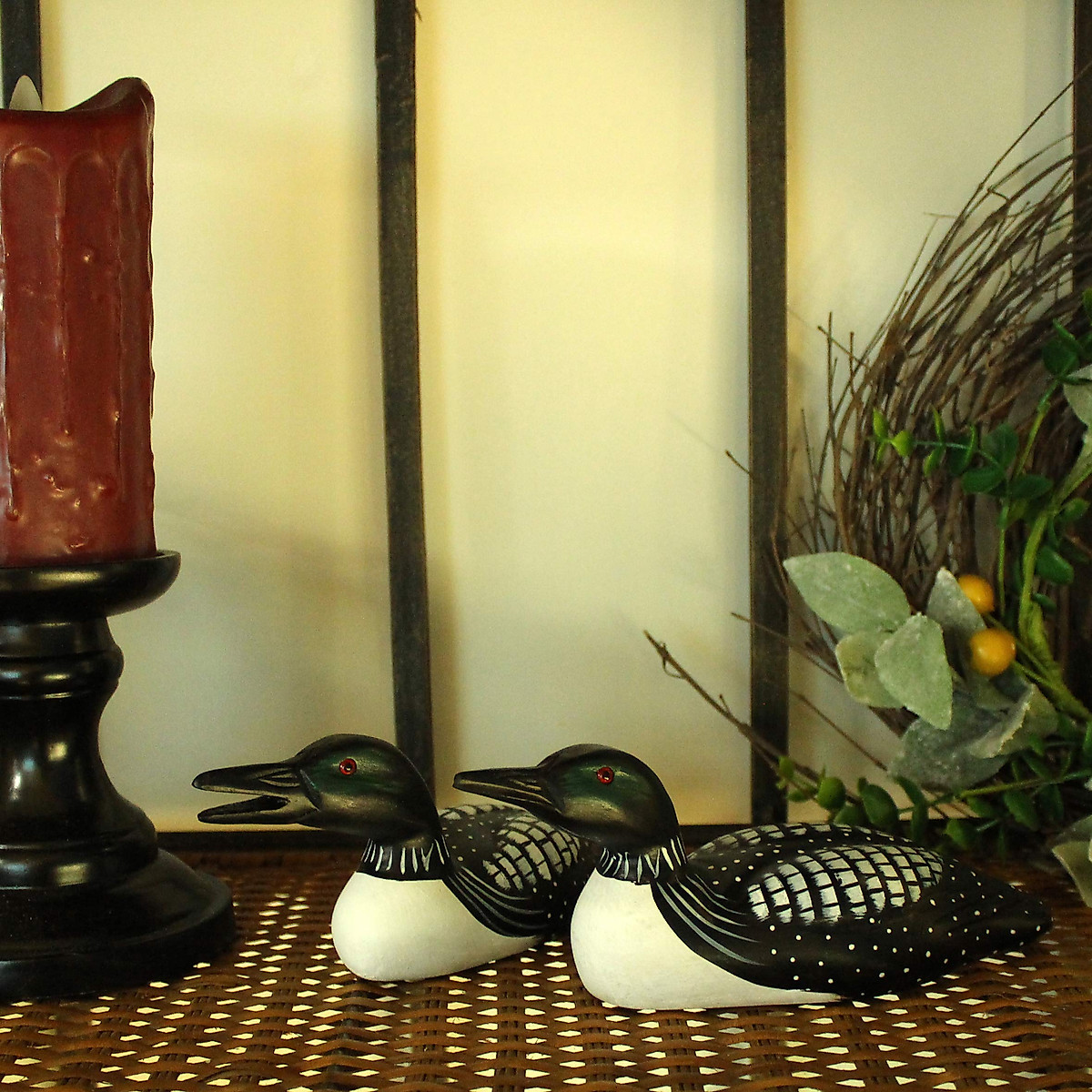 CVHOMEDECO. Primitives Hand Engraving and Painted Wood Loons Rustic Figurine Decorative Accent, Set of 2