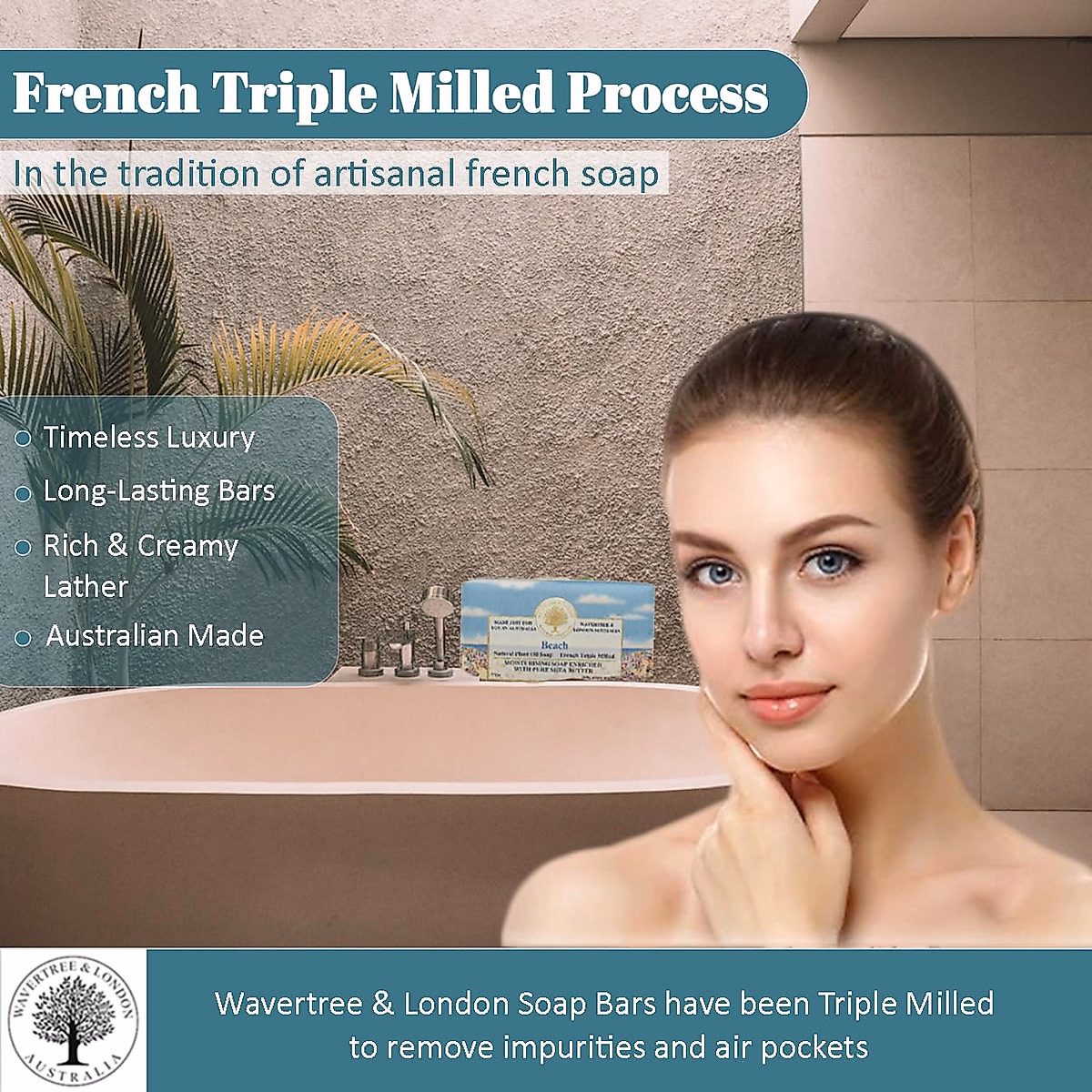 Wavertree & London Beach Scented Natural Soap (2 Bars), 7oz Moisturizing French Triple Milled Soap Bars enriched with shea butter - Pure Plant Oil Bath & Body Soap for All Skin Types