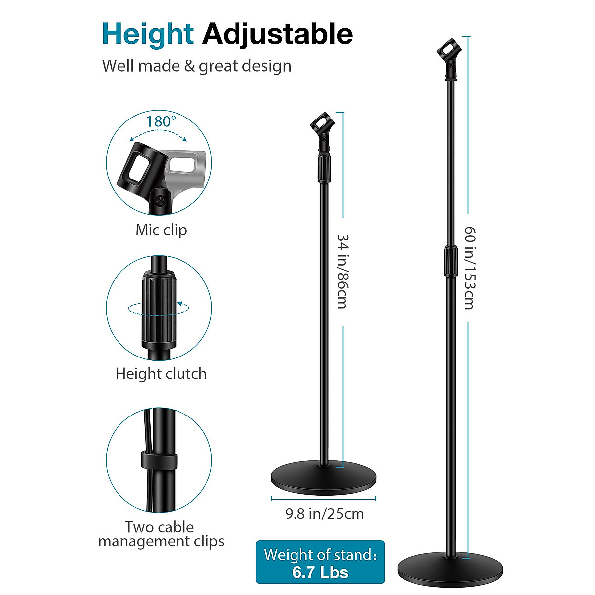 InnoGear Mic Stand, Microphone Stand Floor Detachable Boom Mic Arm Stands with Weighted Round Base, Height Adjustable from 34" to 60" for Blue Yeti HyperX QuadCast Shure SM58 Samson Q2U Fifine K669B